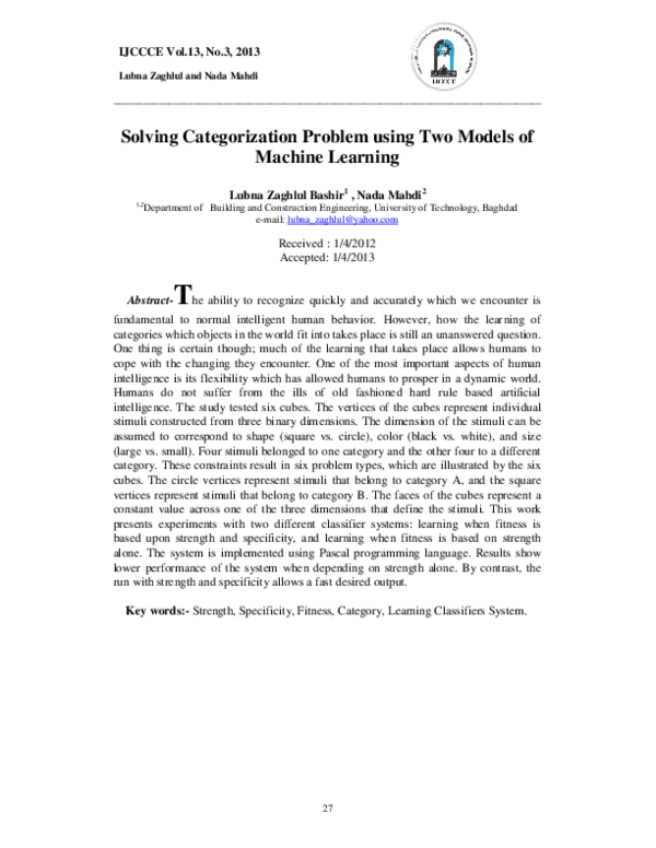 Pdf Solving Categorization Problem Using Two Models Of Machine Learning Lubna Abdulahad