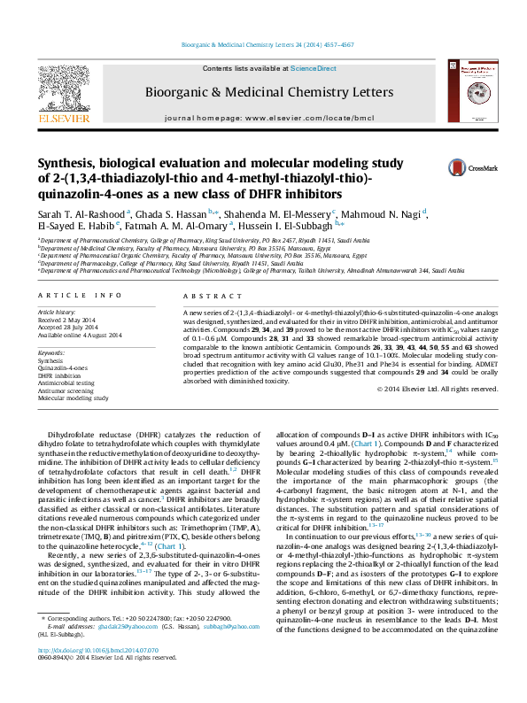 (PDF) Synthesis, biological evaluation and molecular modeling study of 2-(1,3,4-thiadiazolyl ...