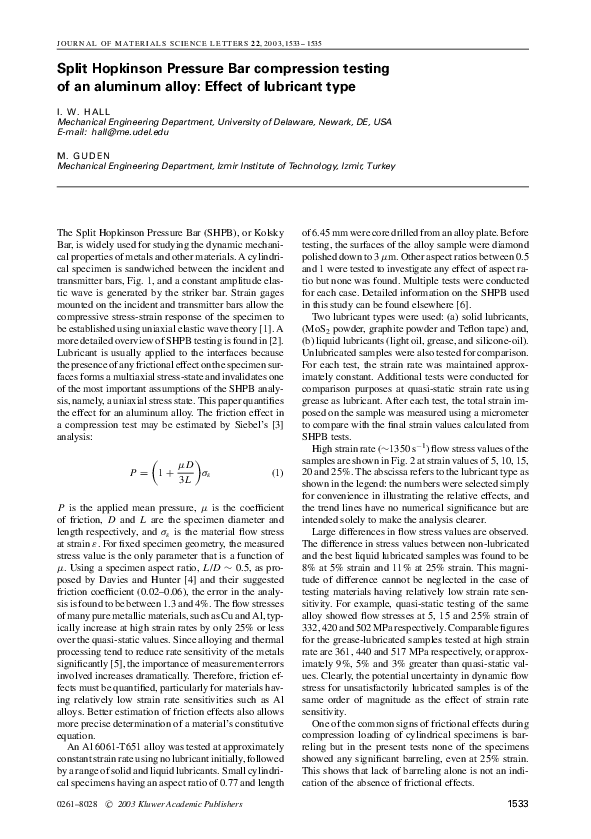 (PDF) Split Hopkinson Pressure Bar compression testing of an aluminum ...