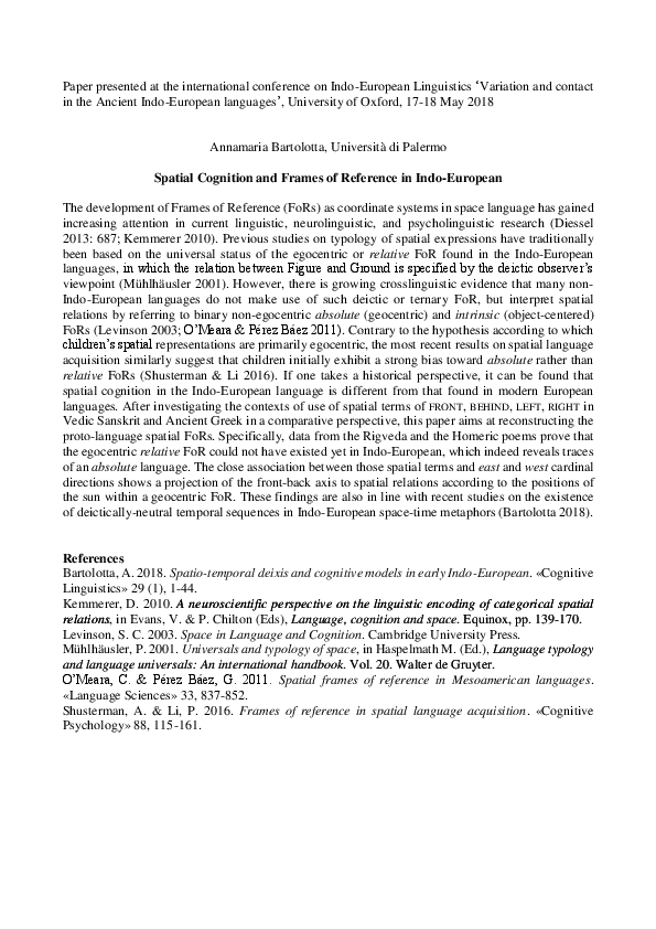 Pdf Spatial Cognition And Frames Of Reference In Indo European