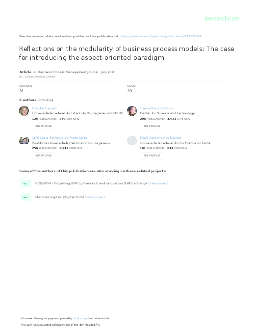 (PDF) Reflections on the modularity of business process models: The case for introducing the ...