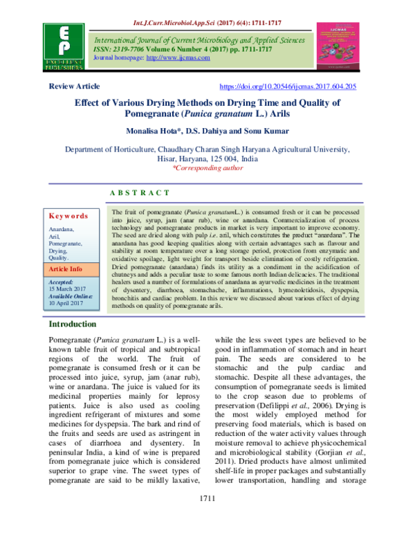 Pdf Effect Of Various Drying Methods On Drying Time And Quality Of Pomegranate Punica