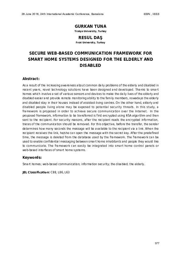 Pdf Secure Web Based Communication Framework For Smart Home Systems Designed For The Elderly