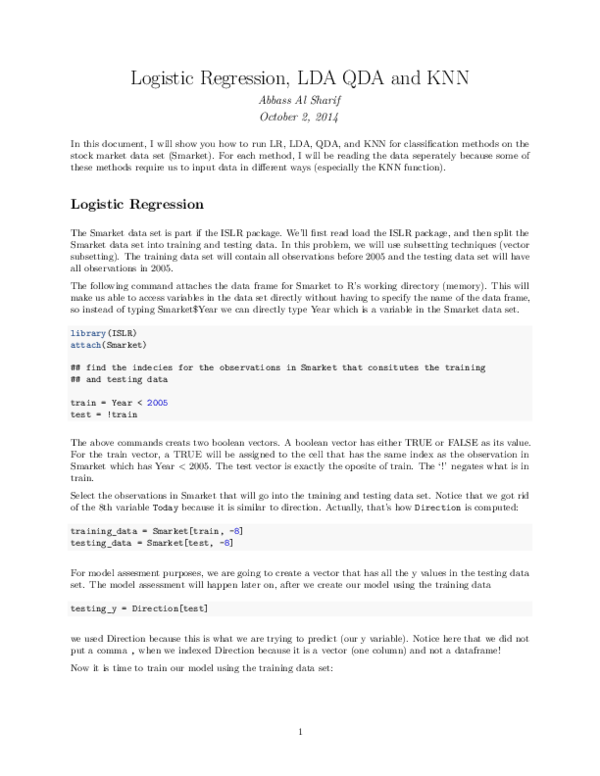 Pdf Logistic Regression Lda Qda And Knn 