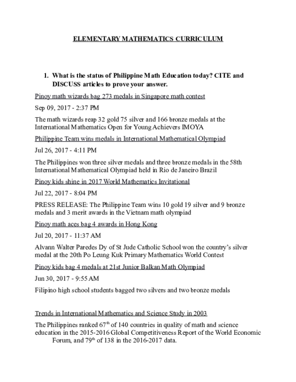 (DOC) ELEMENTARY MATHEMATICS CURRICULUM