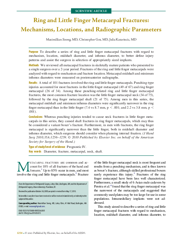 (PDF) Ring and Little Finger Metacarpal Fractures: Mechanisms, Locations, and Radiographic ...
