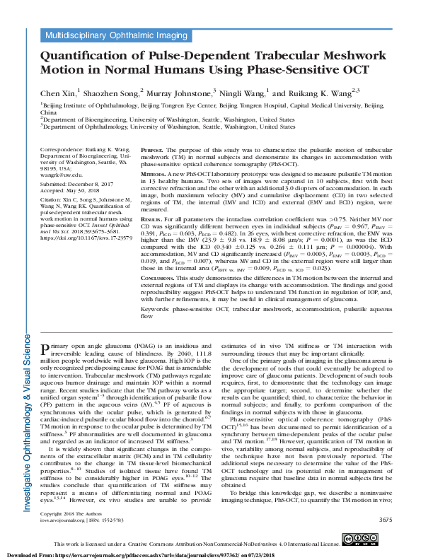 Pdf Quantification Of Pulse Dependent Trabecular Meshwork Motion In Normal Humans Using Phase