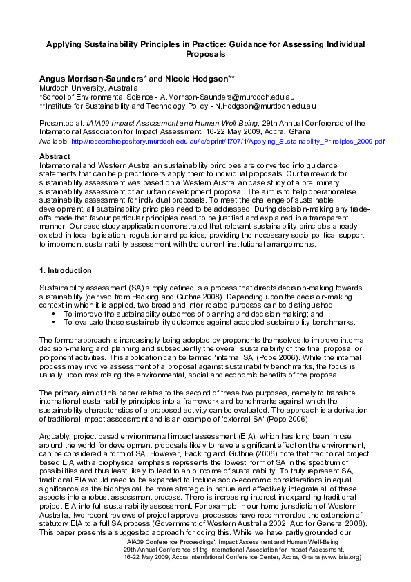 (PDF) Applying sustainability principles in practice: guidance for ...