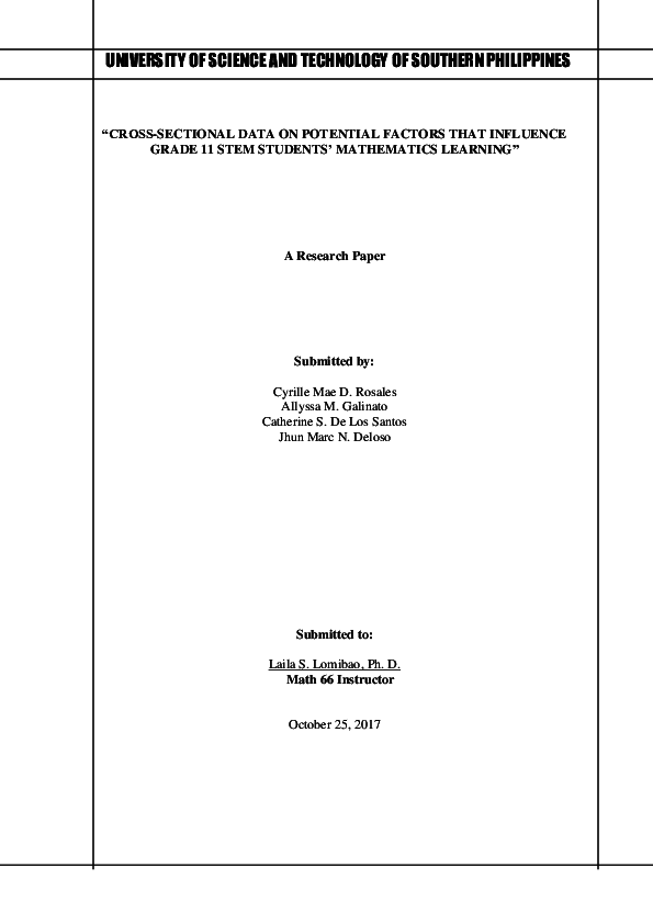 (DOC) " CROSS-SECTIONAL DATA ON POTENTIAL FACTORS THAT INFLUENCE GRADE ...
