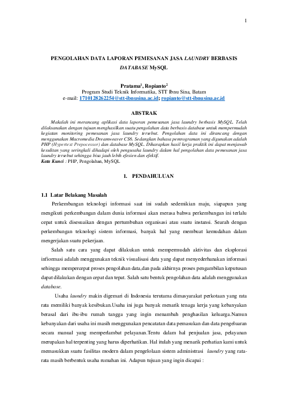 (PDF) PENGOLAHAN DATA LAPORAN PEMESANAN JASA LAUNDRY BERBASIS DATABASE ...