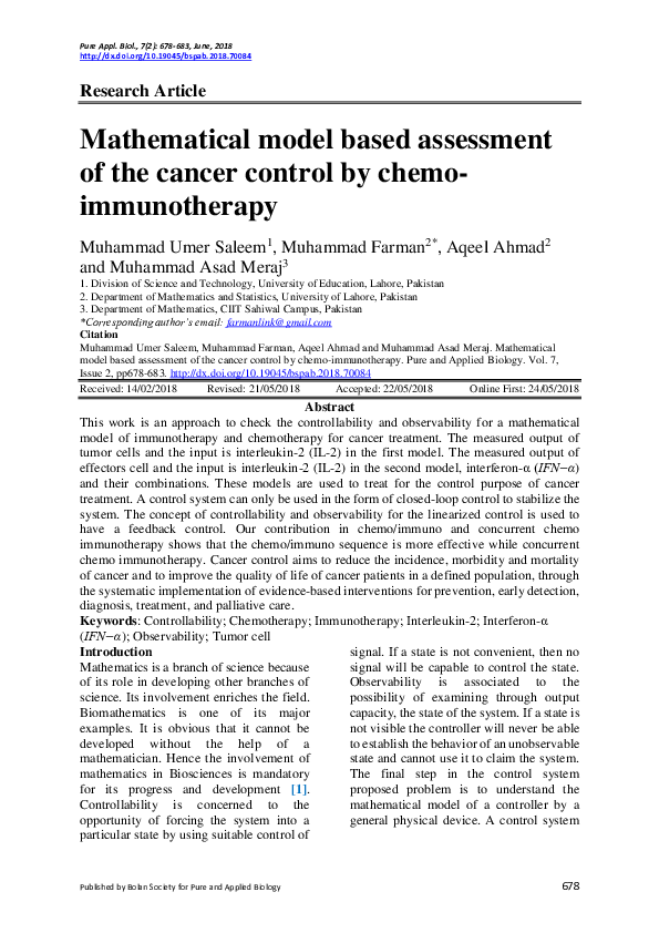 (PDF) Mathematical model based assessment of the cancer control by chemo- immunotherapy | Dr ...