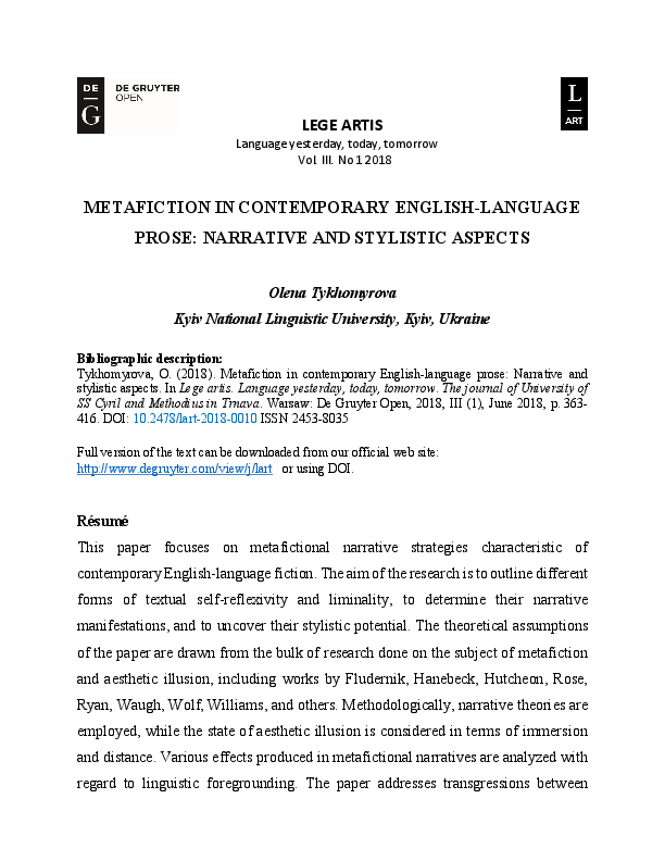 (PDF) Metafiction in contemporary English-language prose: Narrative and ...
