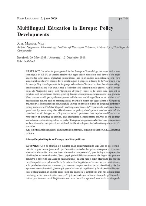 (PDF) Multilingual Education in Europe: Policy Developments