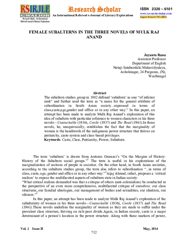 (PDF) FEMALE SUBALTERNS IN THE THREE NOVELS OF MULK RAJ ANAND