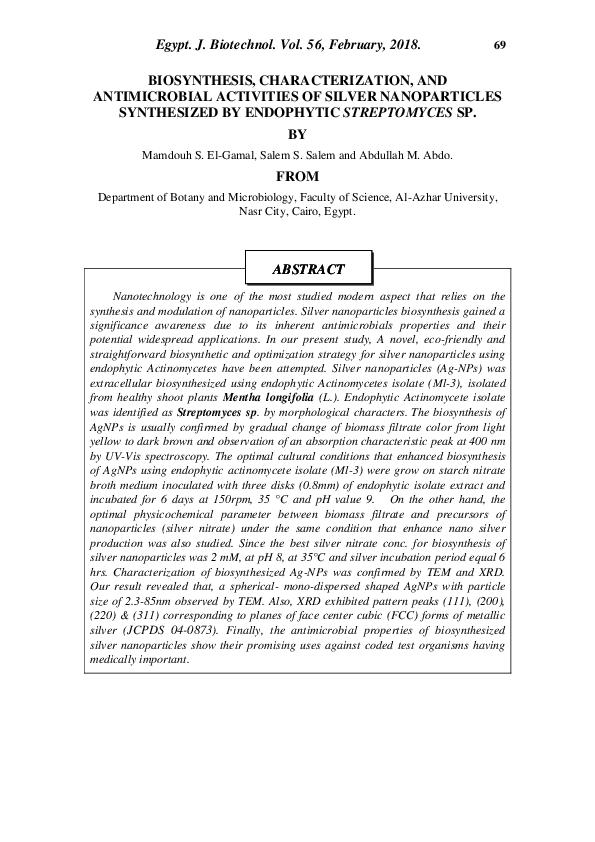(PDF) BIOSYNTHESIS, CHARACTERIZATION, AND ANTIMICROBIAL ACTIVITIES OF SILVER NANOPARTICLES ...