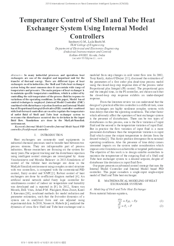 (PDF) Temperature Control of Shell and Tube Heat Exchanger System Using Internal Model Controllers