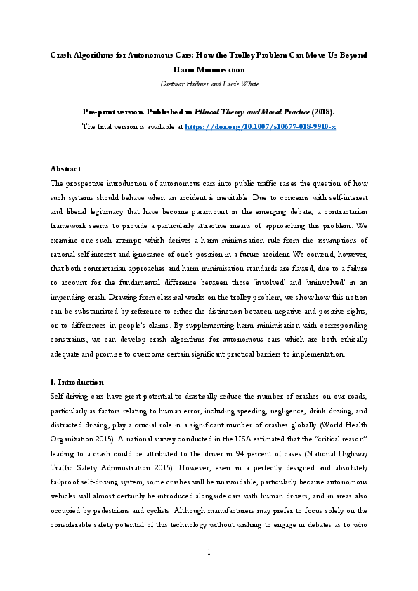 (PDF) Crash Algorithms for Autonomous Cars: How the Trolley Problem Can ...