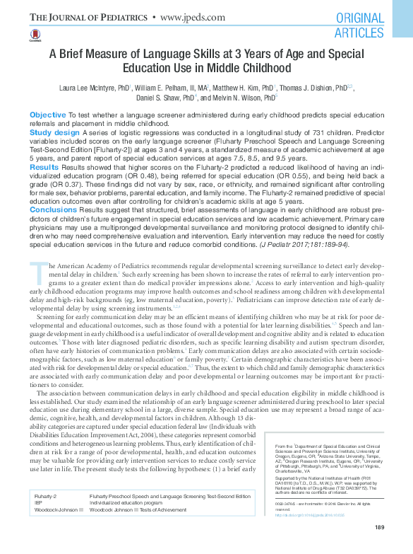 (PDF) A Brief Measure of Language Skills at 3 Years of Age and Special ...