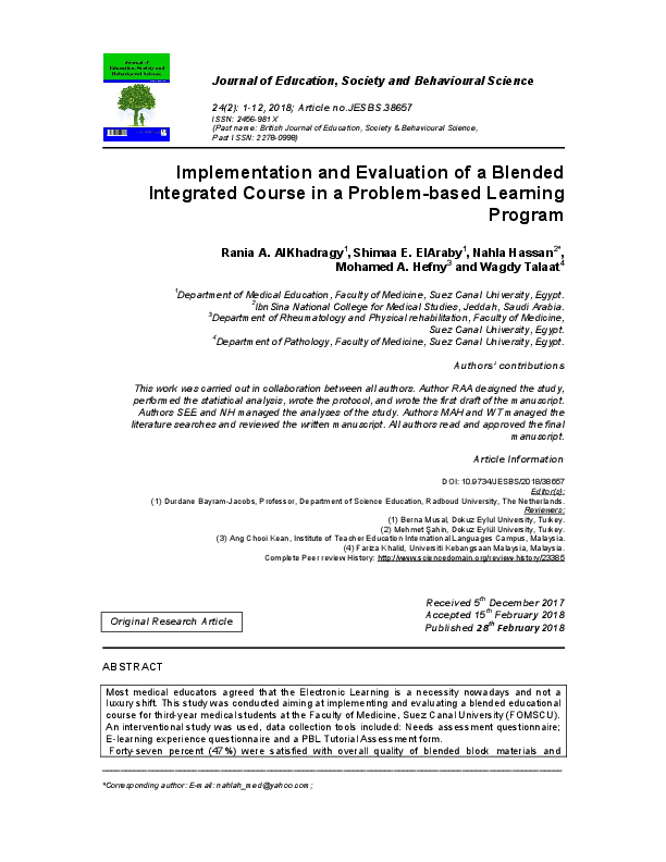 Pdf Implementation And Evaluation Of A Blended Integrated Course In A Problem Based Learning