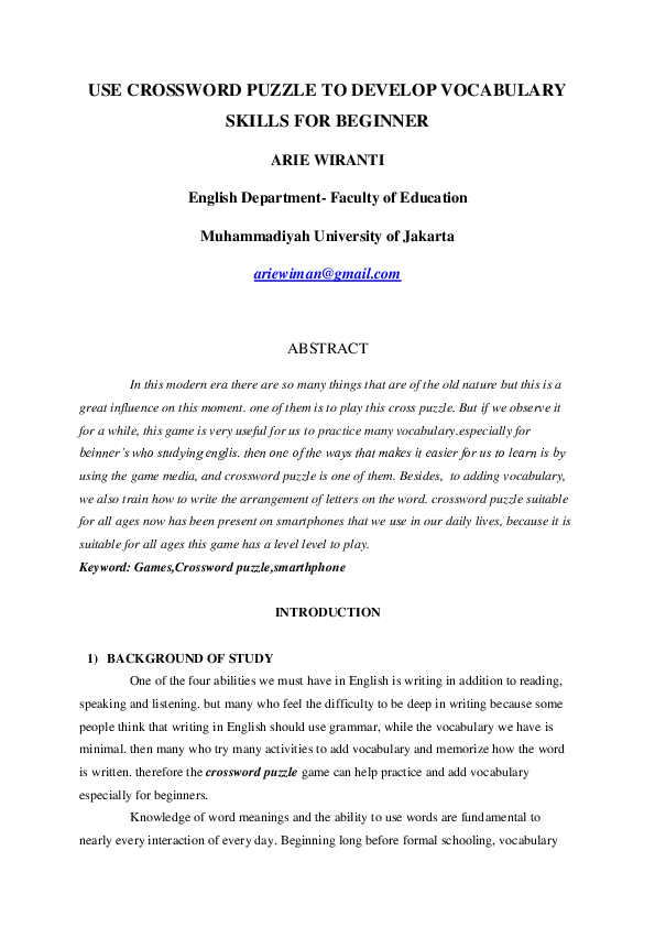 (PDF) USE CROSSWORD PUZZLE TO DEVELOP VOCABULARY SKILLS FOR BEGINNER