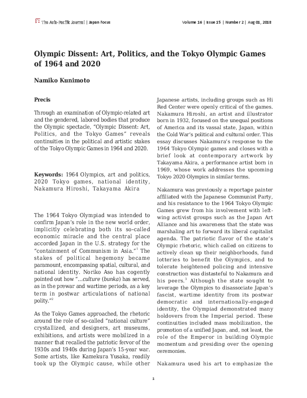 (PDF) Olympic Dissent: Art, Politics, and the Tokyo Olympic Games of ...