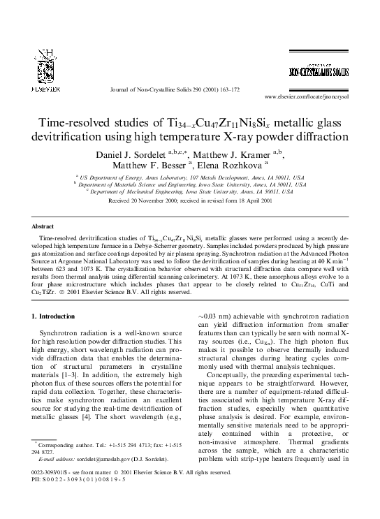 (PDF) Time-resolved studies of Ti34−xCu47Zr11Ni8Six metallic glass ...