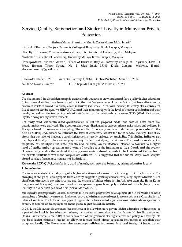 (PDF) Service Quality, Satisfaction and Student Loyalty in Malaysian ...