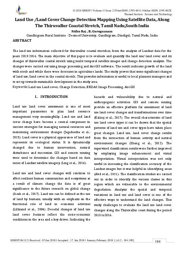 (PDF) Land Use /Land Cover Change Detection Mapping Using Satellite Data, Along The Thiruvallur ...