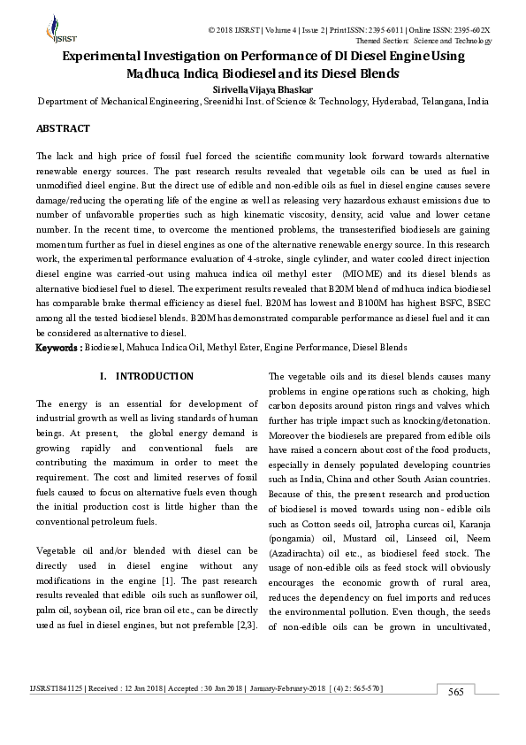 Pdf Experimental Investigation On Performance Of Di Diesel Engine Using Madhuca Indica