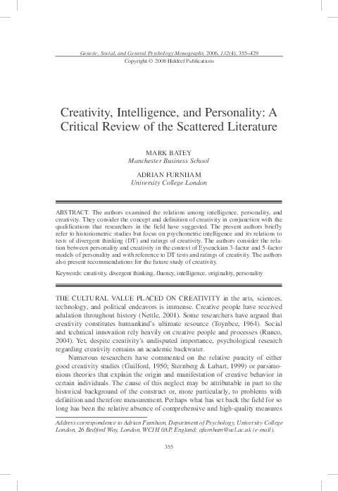 (PDF) Creativity, intelligence, and personality: A critical review of the scattered literature