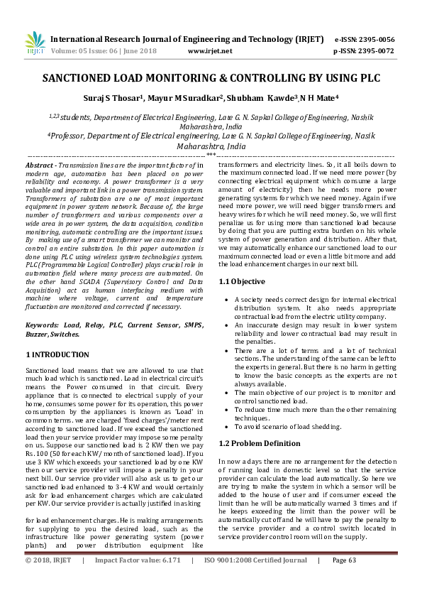 (PDF) IRJET- SANCTIONED LOAD MONITORING & CONTROLLING BY USING PLC