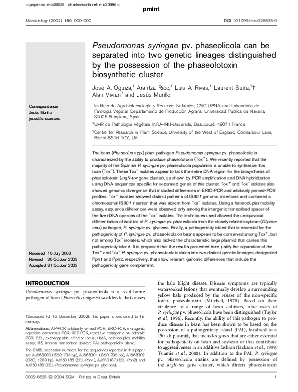 (PDF) Pseudomonas syringae pv. phaseolicola can be separated into two ...