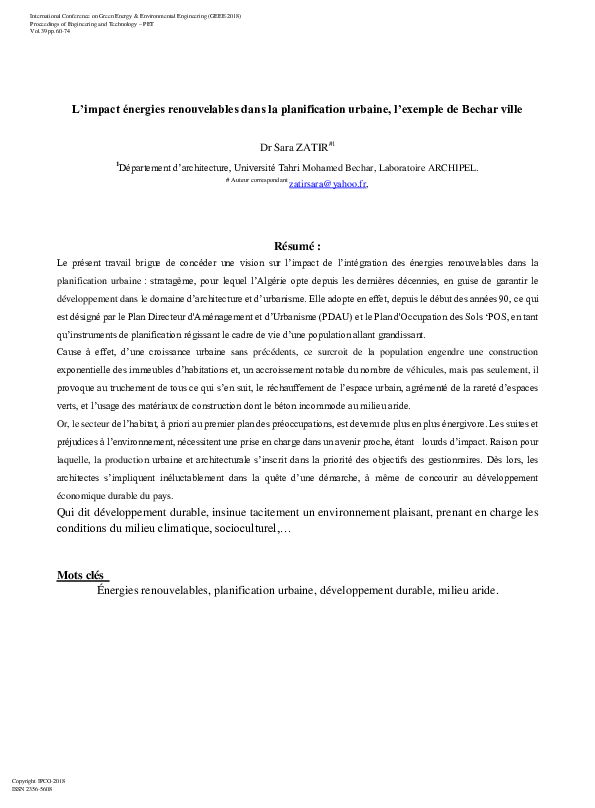 (PDF) L'impact énergies renouvelables dans la planification urbaine, l ...