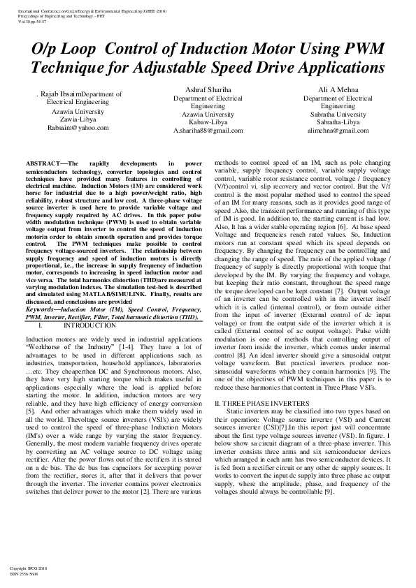 (PDF) O/p Loop Control of Induction Motor Using PWM Technique for Adjustable Speed Drive ...