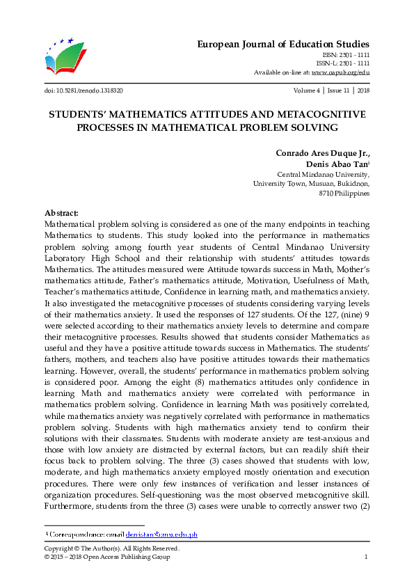 (PDF) Students' Mathematics Attitudes and Metacognitive Processes in Mathematics Problem Solving
