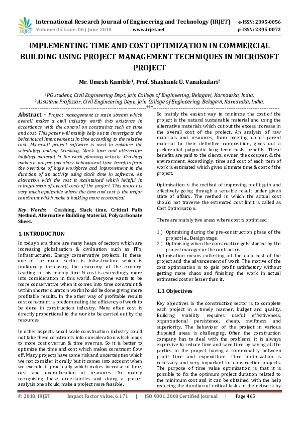 Pdf Irjet Implementing Time And Cost Optimization In Commercial Building Using Project