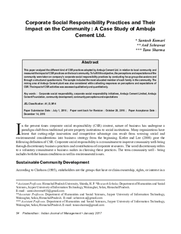 (PDF) Corporate Social Responsibility Practices and Their Impact on the Community : A Case Study ...