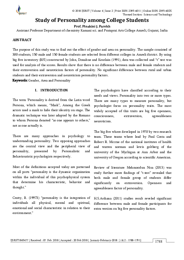 (PDF) Study of Personality among College Students