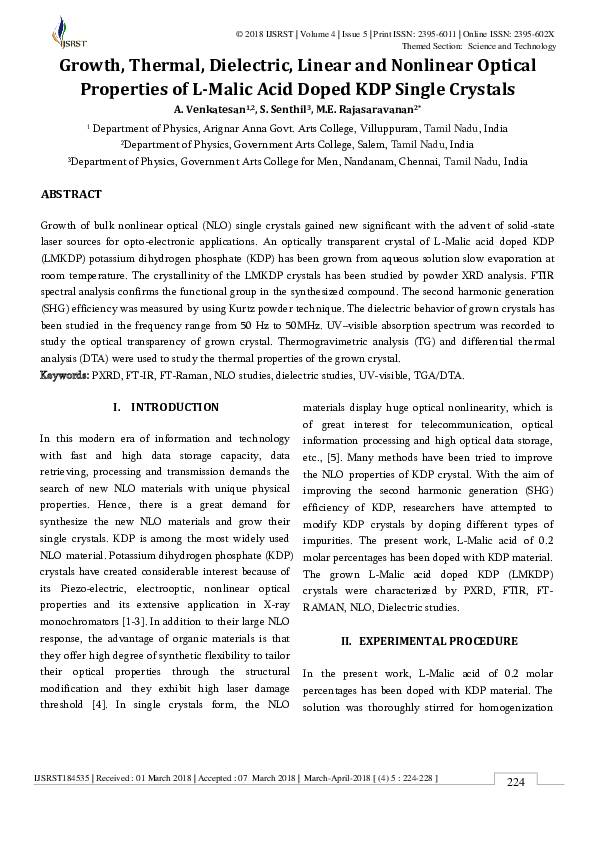 (PDF) Growth, Thermal, Dielectric, Linear and Nonlinear Optical Properties of L-Malic Acid Doped ...