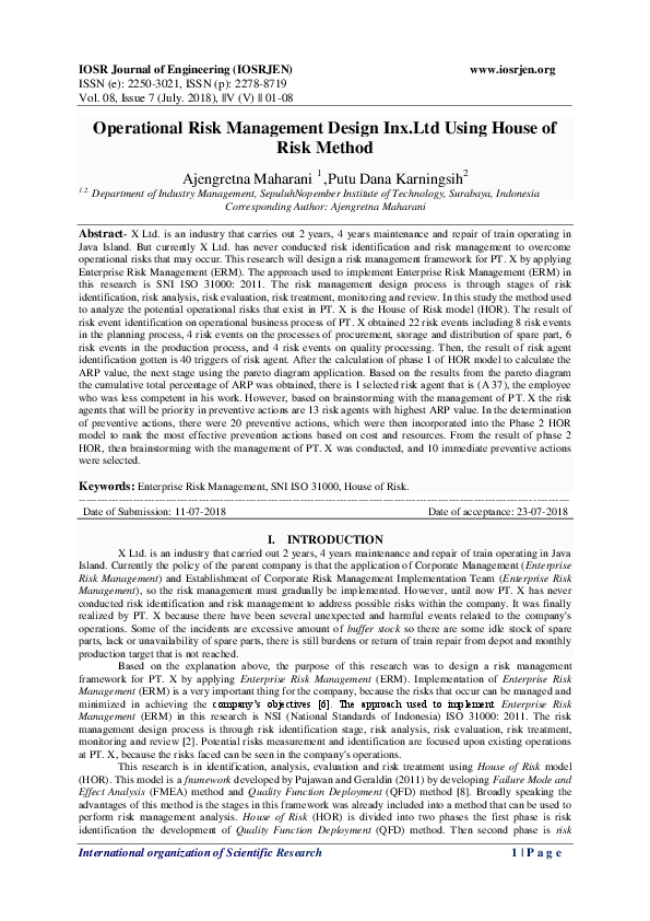(PDF) Operational Risk Management Design Inx.Ltd Using House of Risk Method