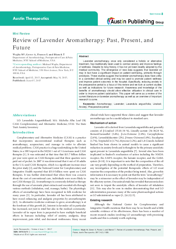 (PDF) Review of Lavender Aromatherapy: Past, Present, and Future