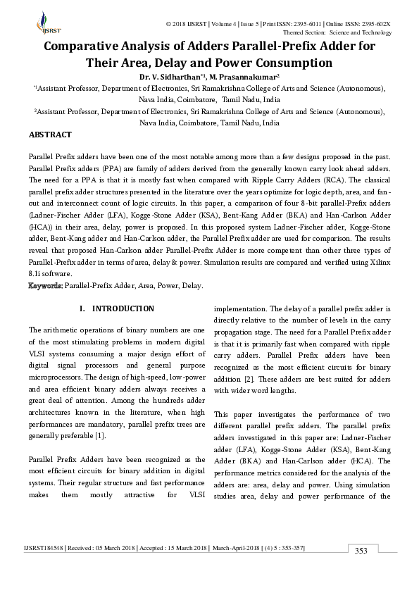 (PDF) Comparative Analysis of Adders Parallel-Prefix Adder for Their Area, Delay and Power ...