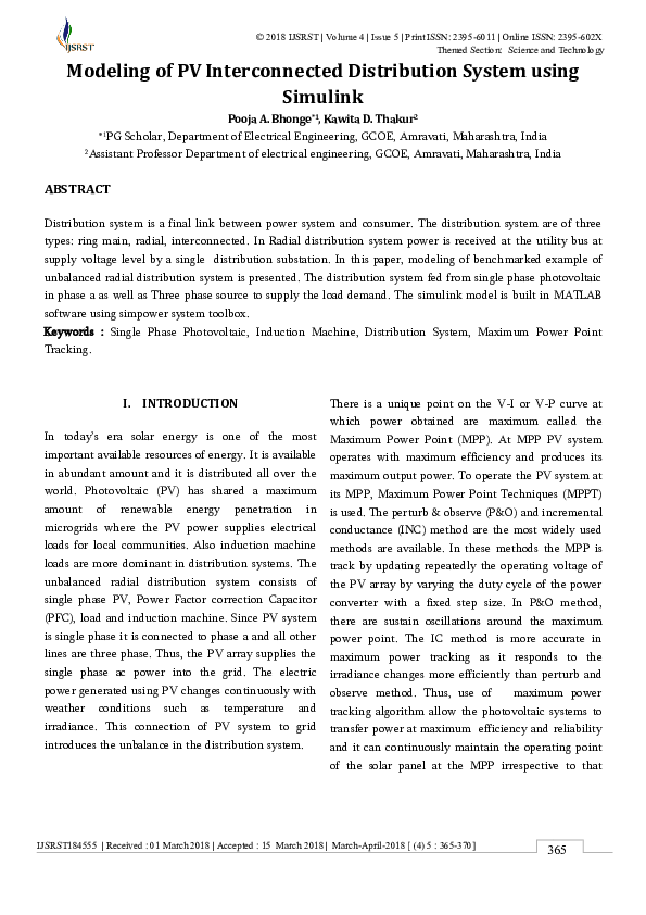(PDF) Modeling of PV Interconnected Distribution System using Simulink