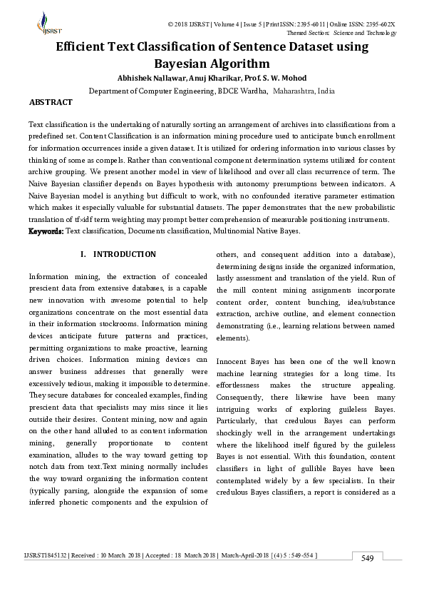 Efficient Text Classification Of Sentence Dataset Using Bayesian Algorithm