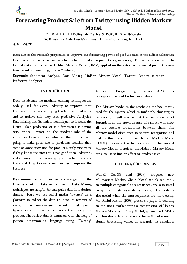 Pdf Forecasting Product Sale From Twitter Using Hidden Markov Model