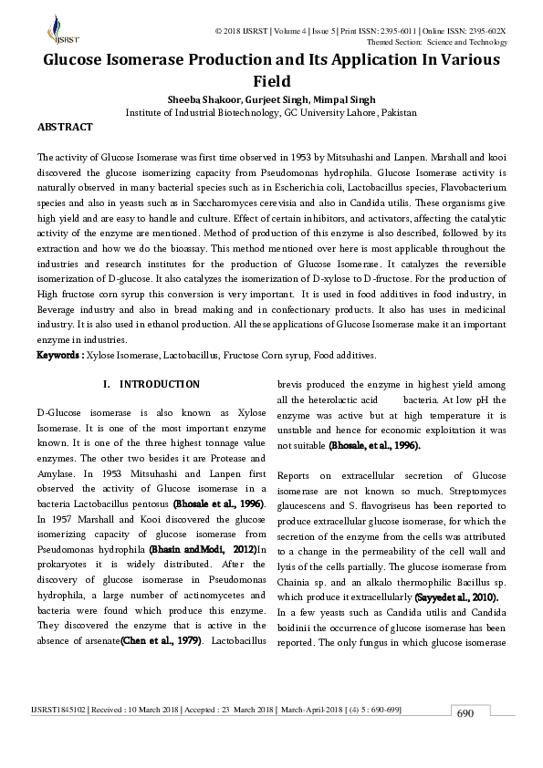 (PDF) Glucose Isomerase Production and Its Application In Various Field
