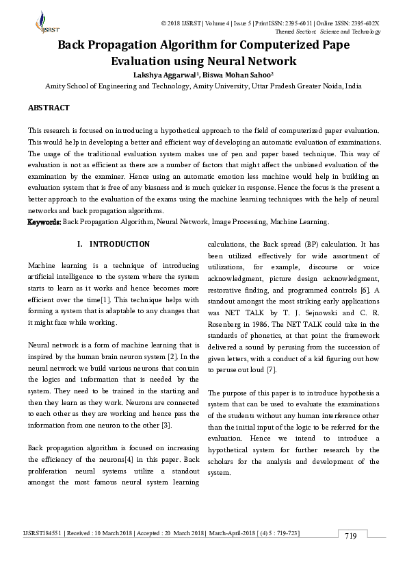 Pdf Back Propagation Algorithm For Computerized Pape Evaluation Using