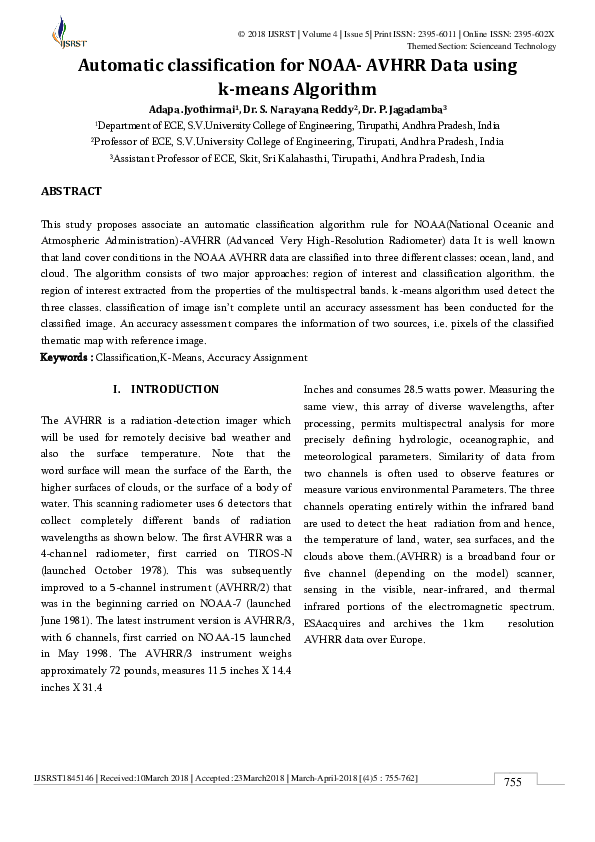 Pdf Automatic Classification For Noaa Avhrr Data Using K Means Algorithm