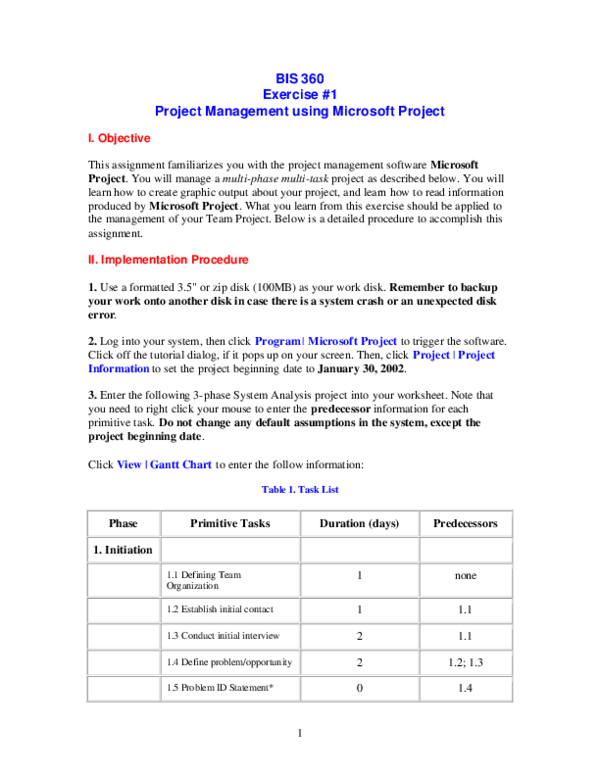 (PDF) BIS 360 Exercise #1 Project Management using Microsoft Project