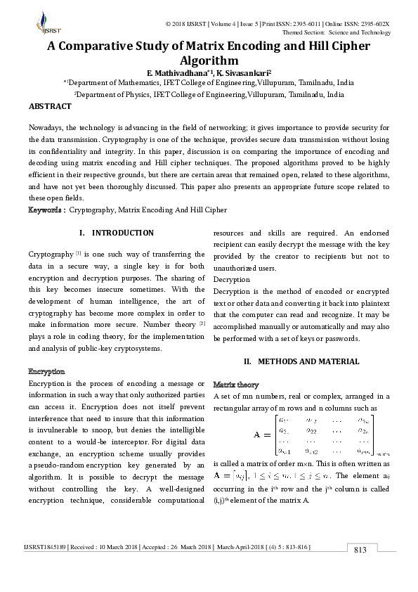 (PDF) A Comparative Study of Matrix Encoding and Hill Cipher Algorithm
